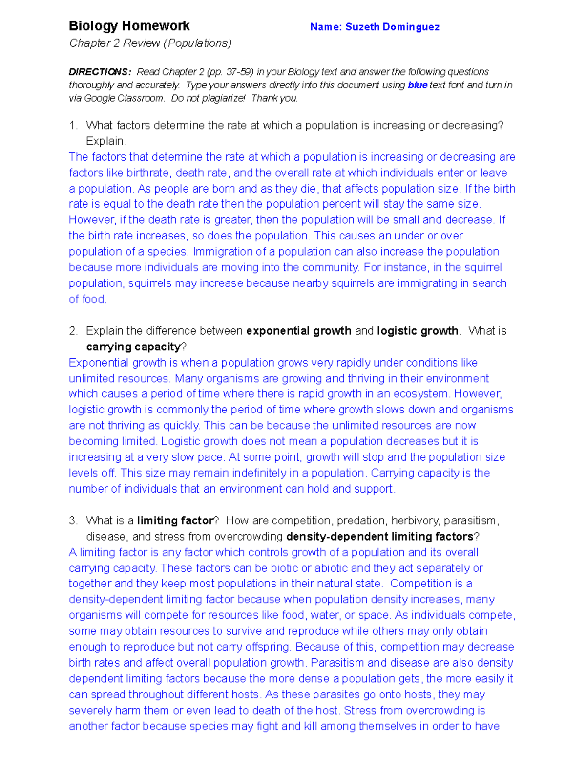 Biology 101 - Chapter 2 Review: Population Dynamics and Growth ...
