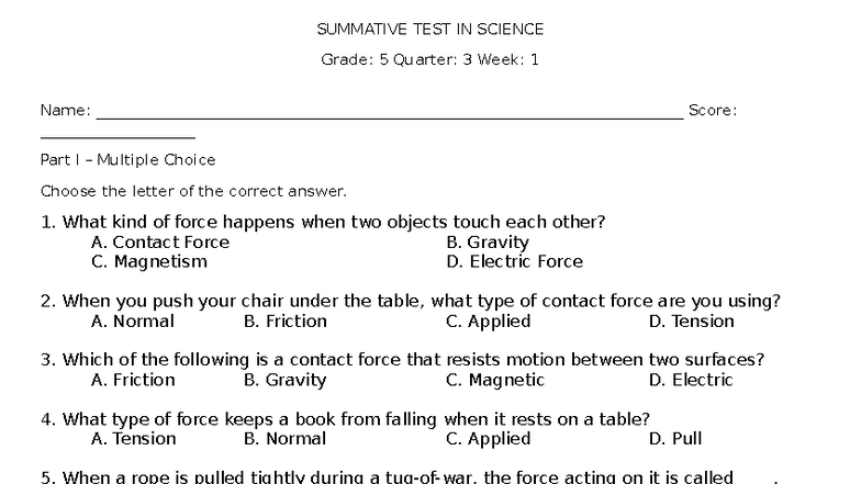 Summative Test in Science 5 Q3 W1: Contact Forces and Motion - Studocu