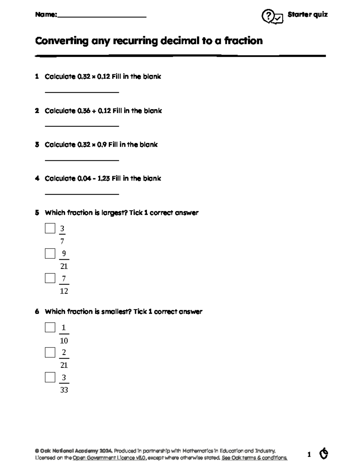 Starter Quiz: Converting Recurring Decimals to Fractions - Studocu