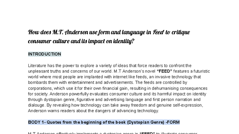 HSC Essay: M.T. Anderson's Critique of Consumer Culture in "Feed" - Studocu