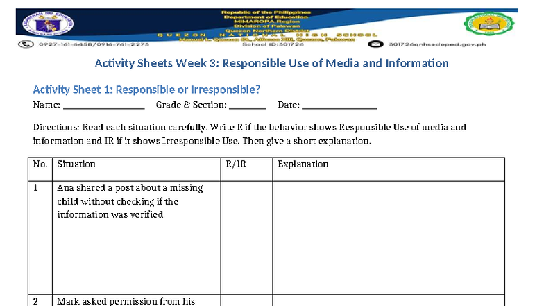 Responsible Media Activity Sheets: Week 3 Activities - Studocu