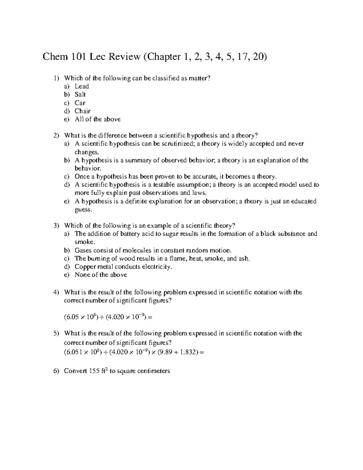 Chem 101 Lec Review: Key Concepts from Chapters 1-5 & 17-20 - Studocu