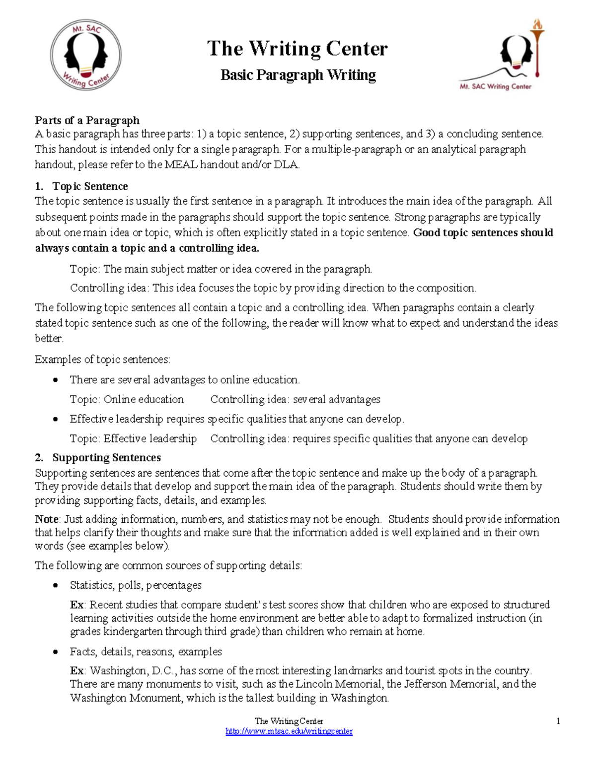 Basic paragraph writing handouts - The Writing Center Basic Paragraph ...