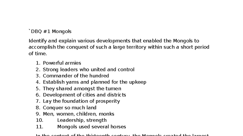Mongol DBQ: Analyzing Factors Behind Rapid Conquest - Studocu