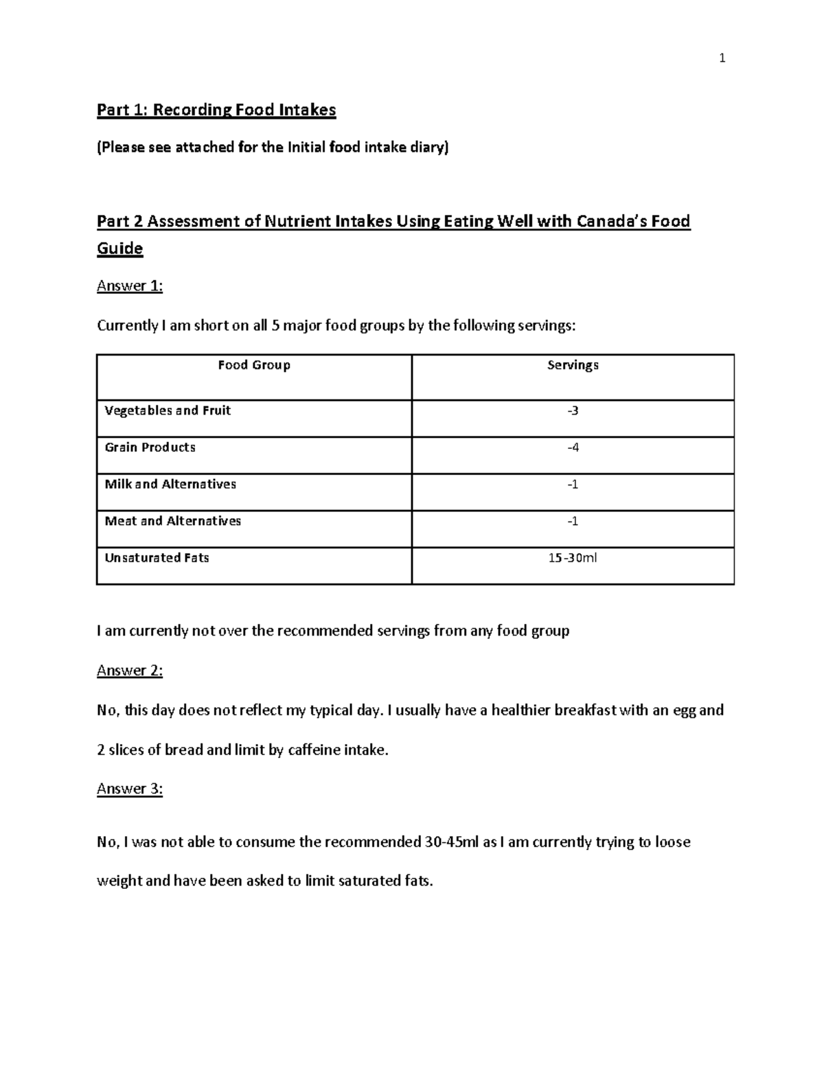 NUTR331 Food Intake Diary Analysis and Nutrient Assessment - Studocu