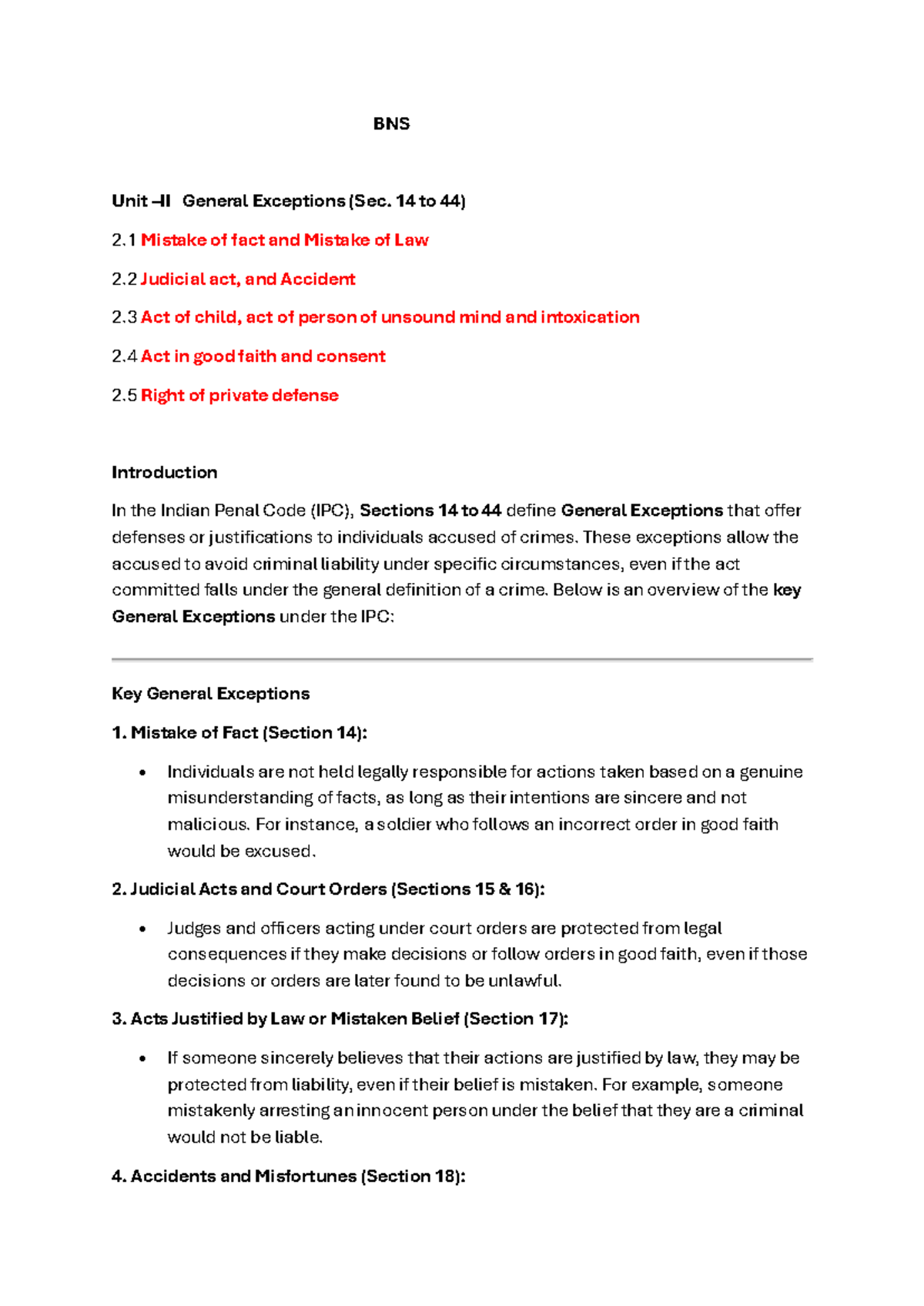BNS Unit 2 - General Exceptions in IPC (Sections 14-44) Overview - Studocu