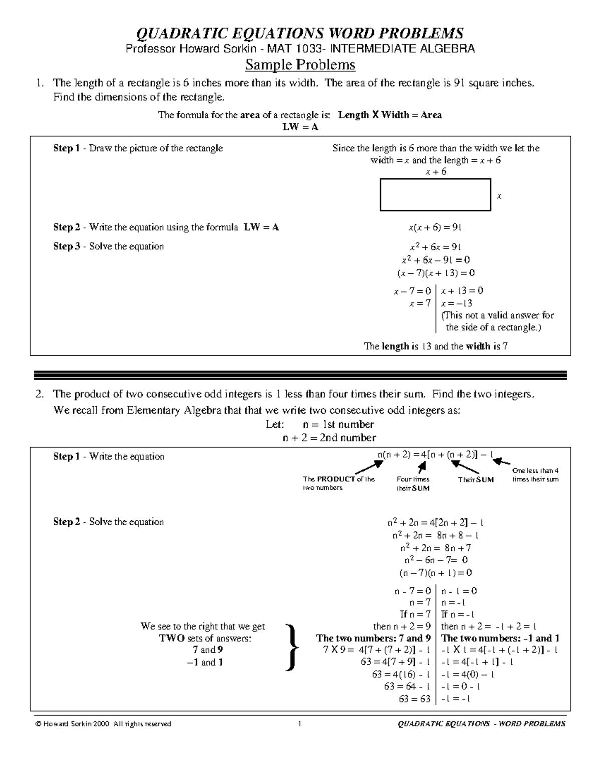 Quadratic Word Problems ws3 - QUADRATIC EQUATIONS WORD PROBLEMS ...