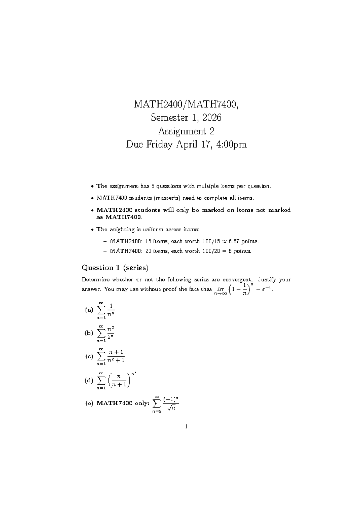 MATH7400 & MATH2400 Assignment 2: Series & Convergence Analysis - Studocu