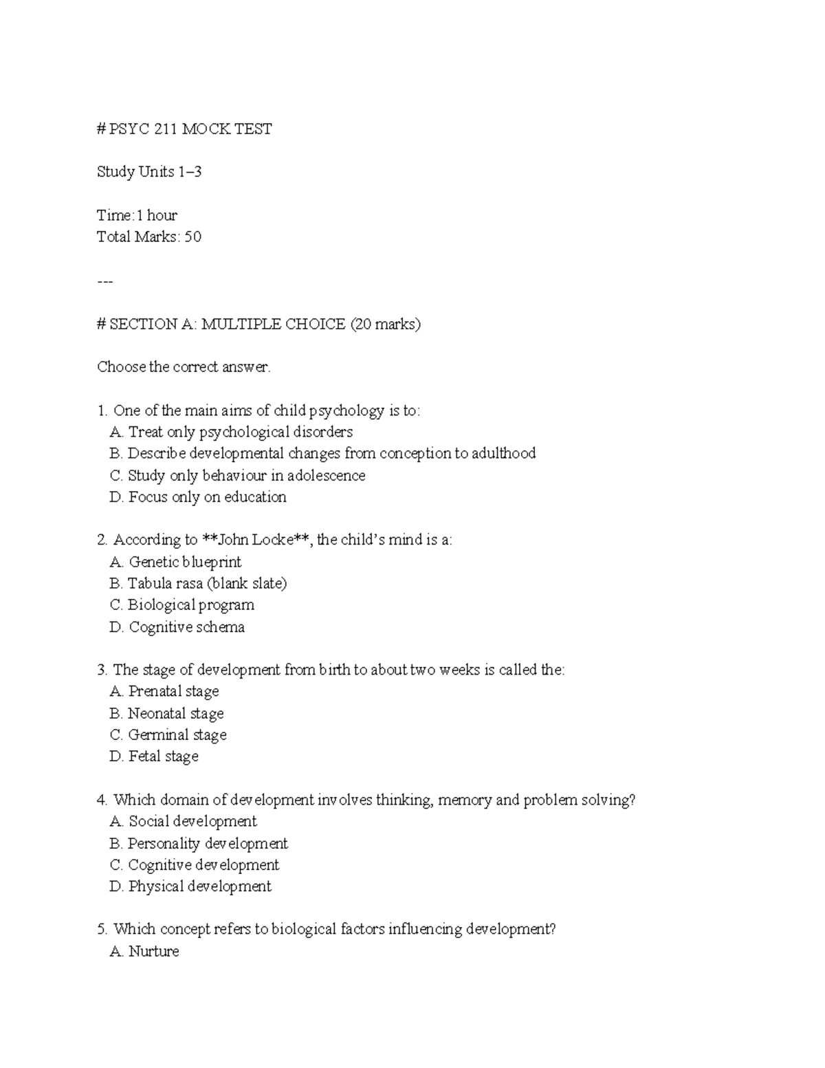 PSYC 211 Mock Test: Study Units 1–3 - Studocu