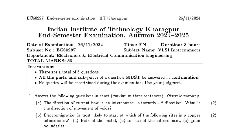 EC60297: VLSI Interconnects Exam Paper - IIT Kharagpur, Autumn 2024 ...