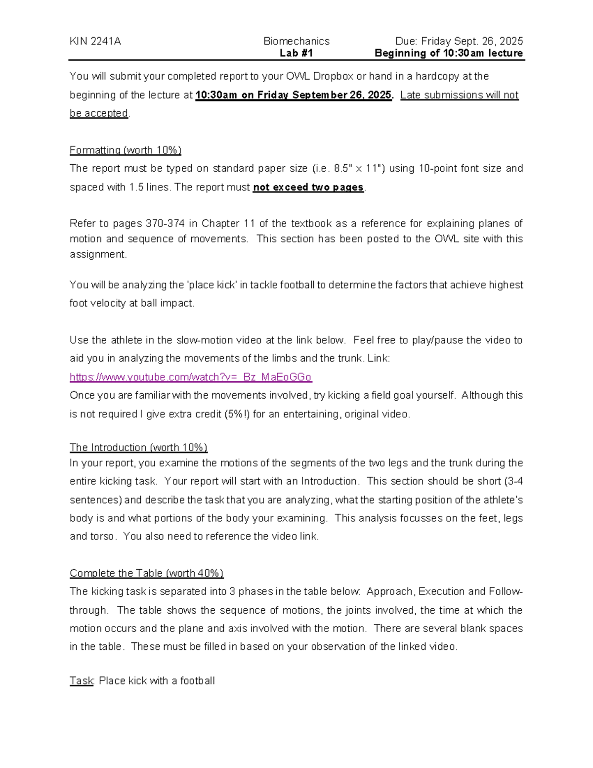 KIN 2241A Biomechanics Lab 1 Report: Analyzing Football Kicking Motion ...