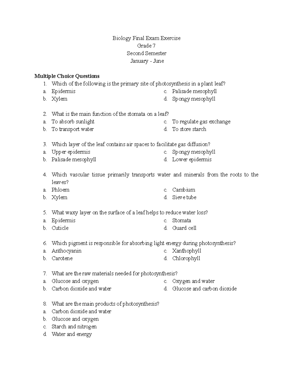 Biology Grade 7 Final Exam: Photosynthesis MCQs & Concepts (Sem 2 ...