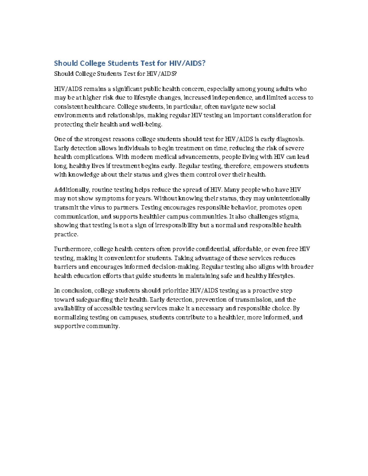 HIV Testing for College Students: A Vital Health Essay - Studocu