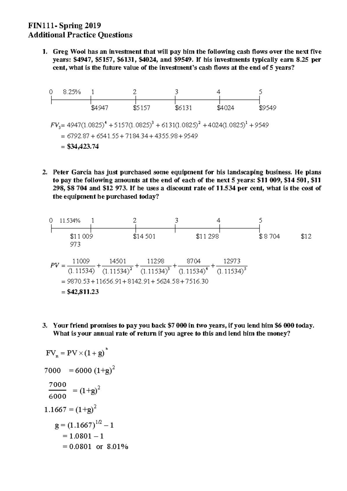 FIN111 Spring 2019 Additional practice questions - FIN111- Spring 2019 ...