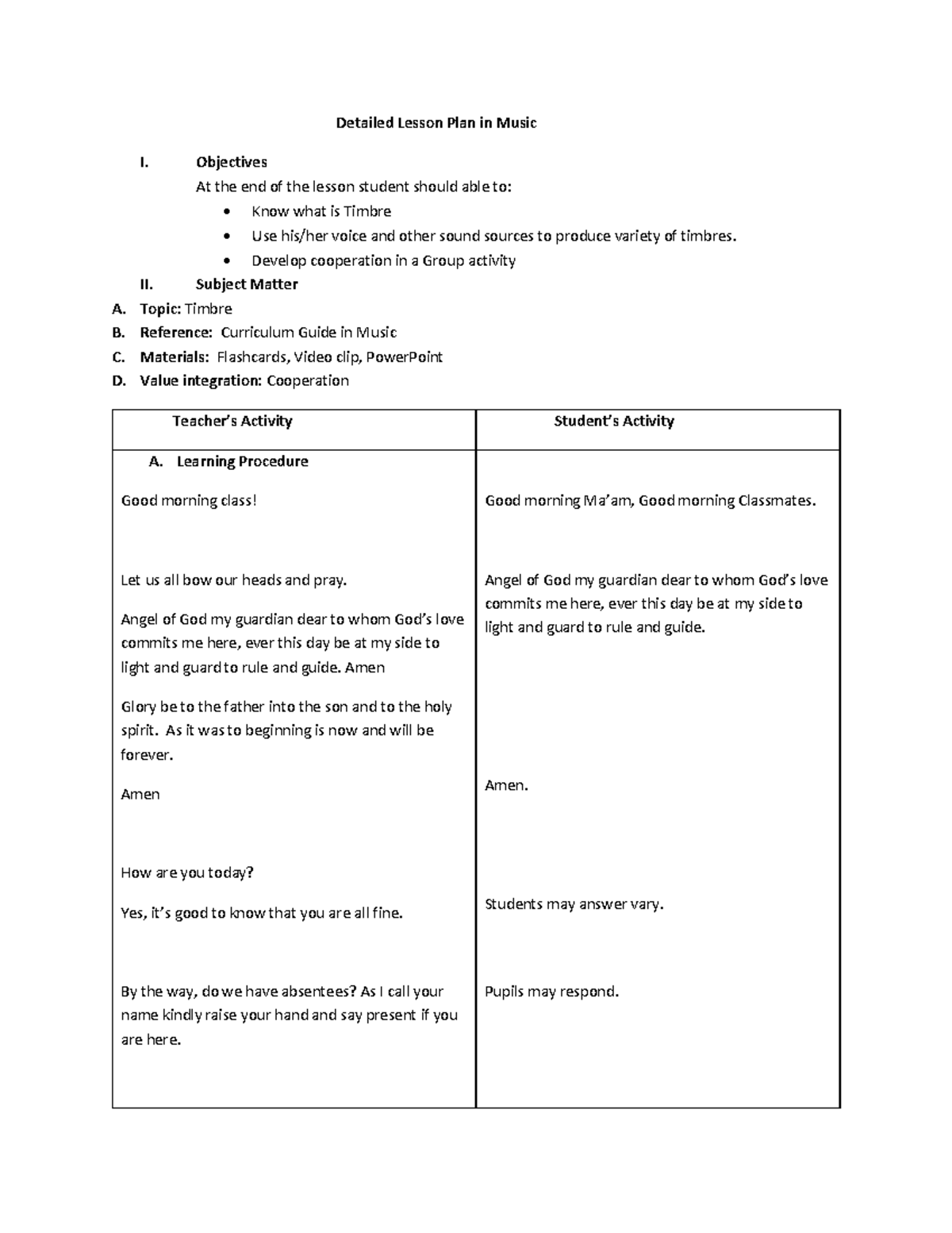 Detailed Lesson Plan in Music Timbre - Detailed Lesson Plan in Music I ...