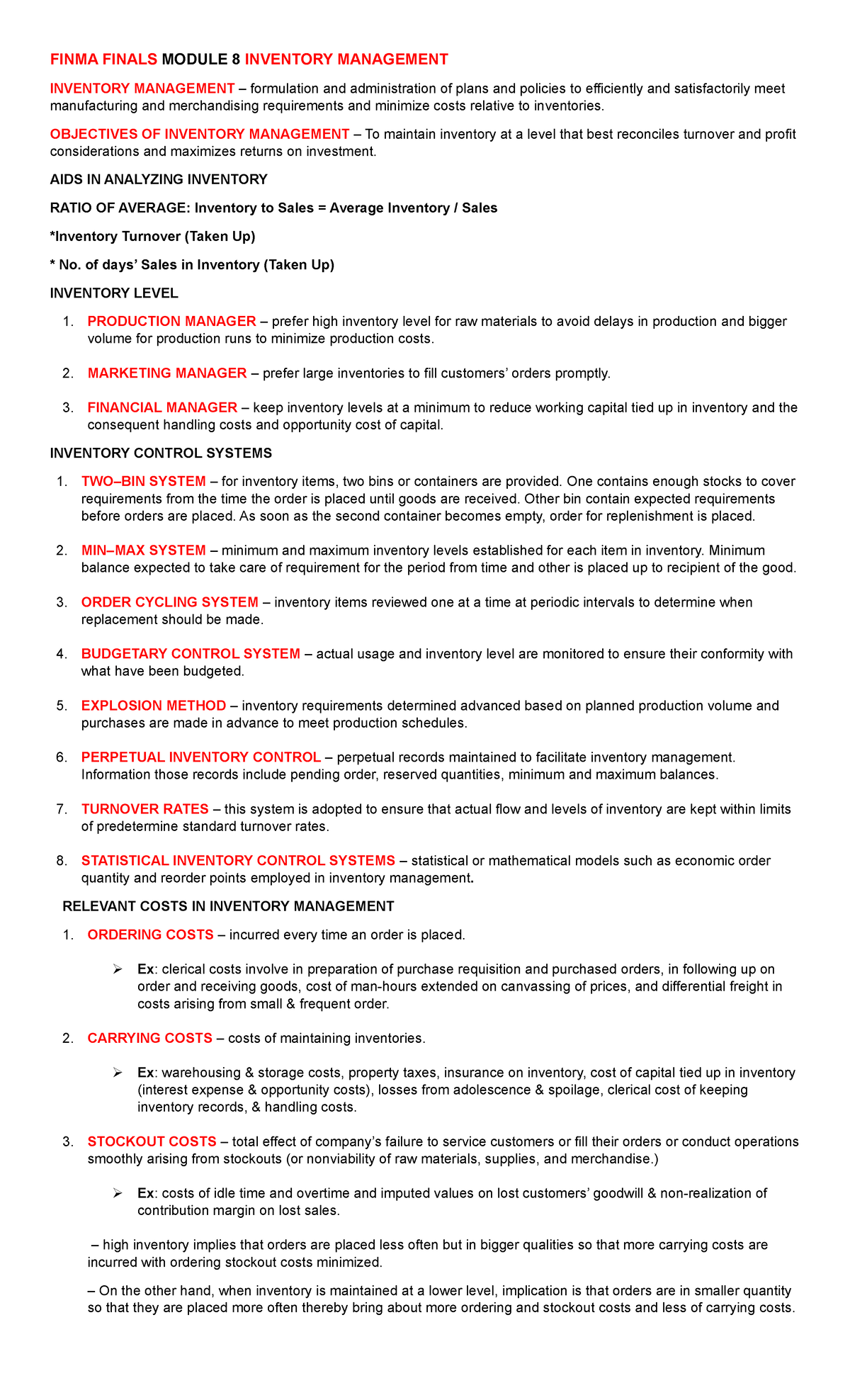 Fi2101 Final Exam Study Guide: Module 8 - Inventory Management - Studocu