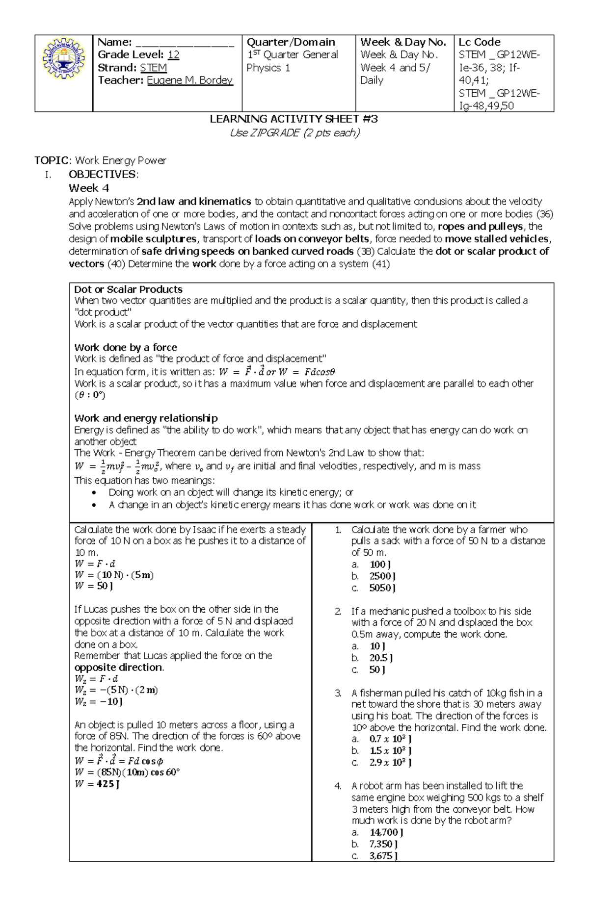 Gen Physics LAS 3 Q2 Wk 4 - hajsskakkakakaja - Name ...
