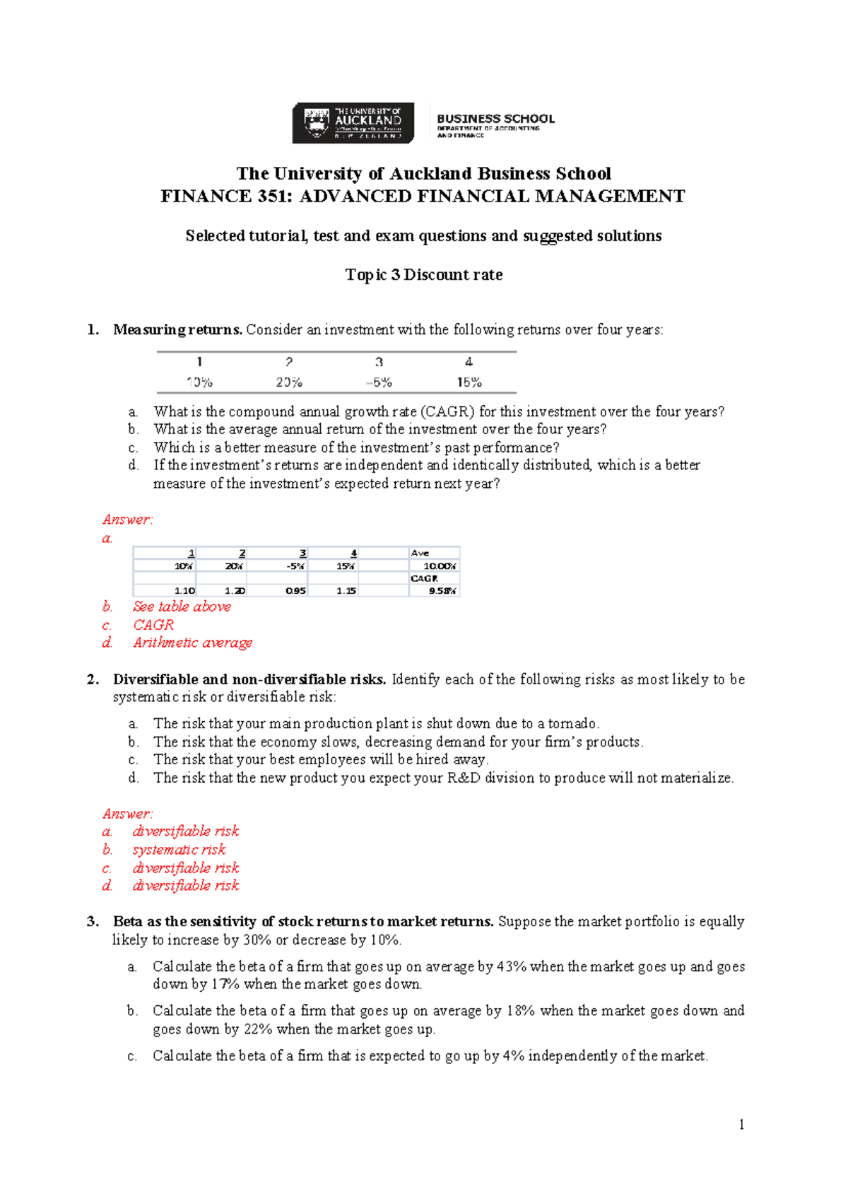 FINANCE 351: ADVANCED FINANCIAL MANAGEMENT Selected Questions ...