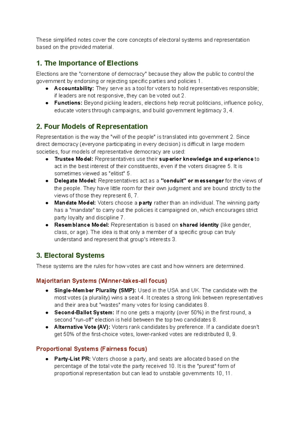 Electoral Systems and Representation Notes - Studocu