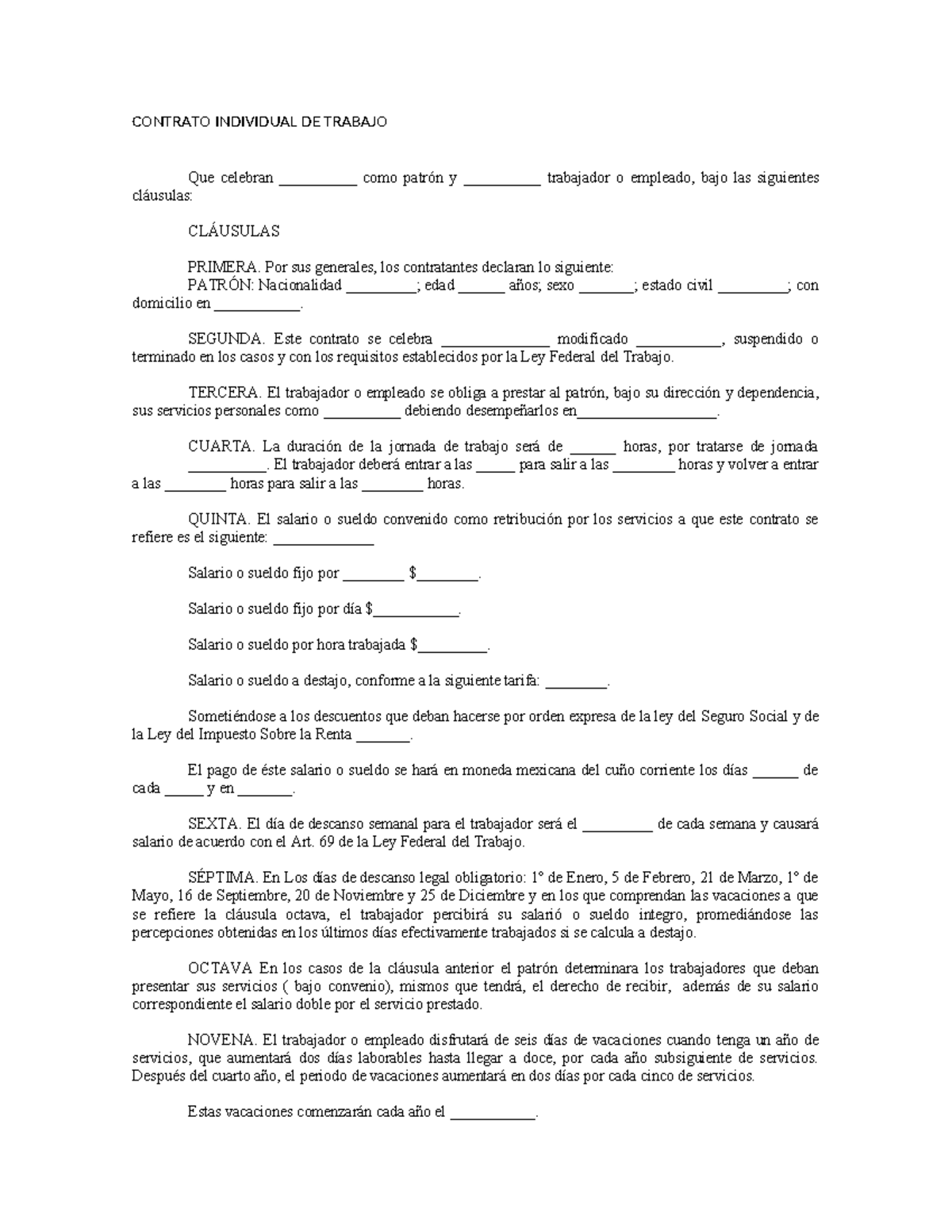 Contrato Individual de Trabajo Genérico: Cláusulas y Condiciones - Studocu