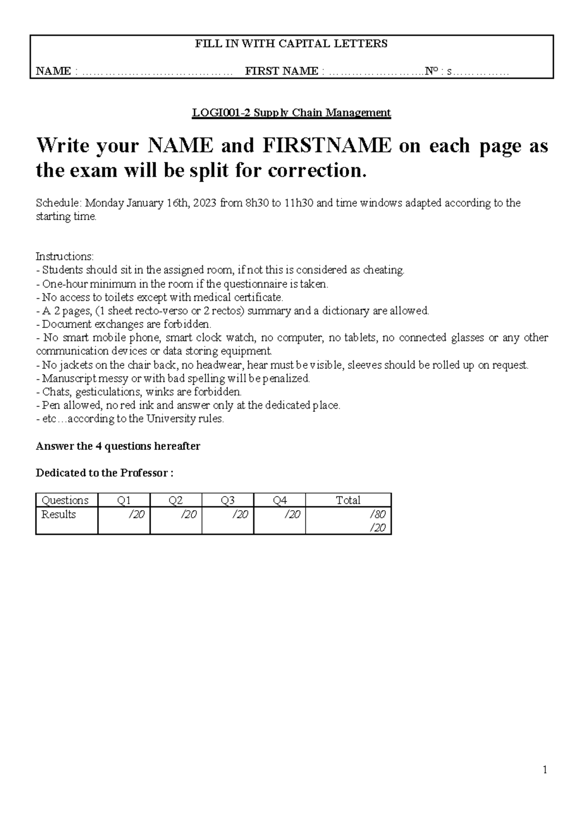 Logi 001-2 SCM Final Exam Instructions and Questions - January 2023 ...