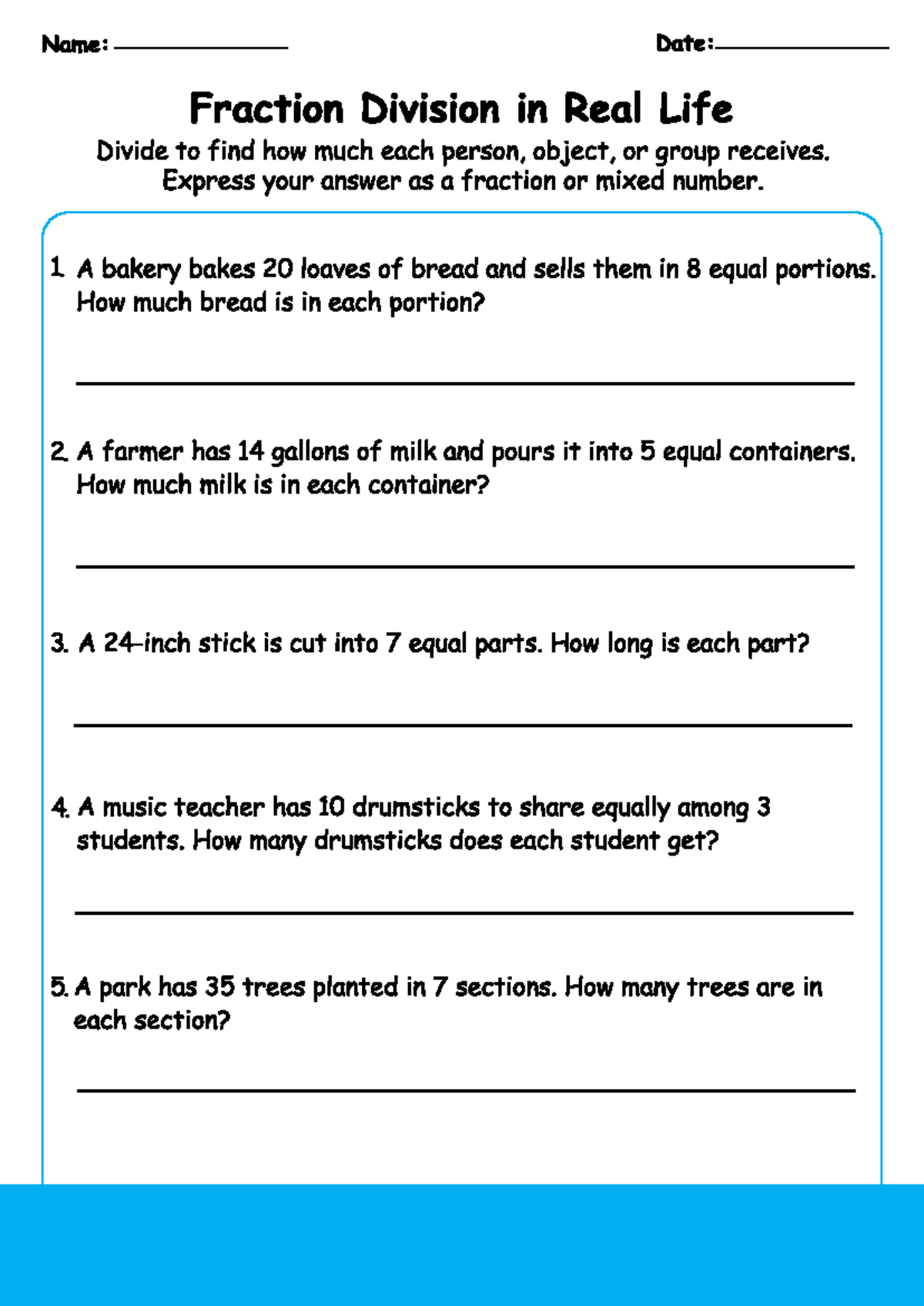 Fraction Division in Real Life - 5th Grade Worksheet - Name: 1. 2. 3. 4 ...