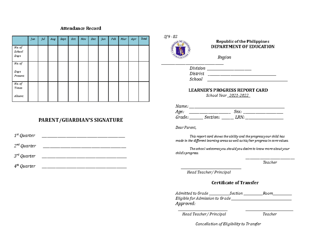 SF 9 Elementary Learners Progress Report Card - Attendance Record Jun ...