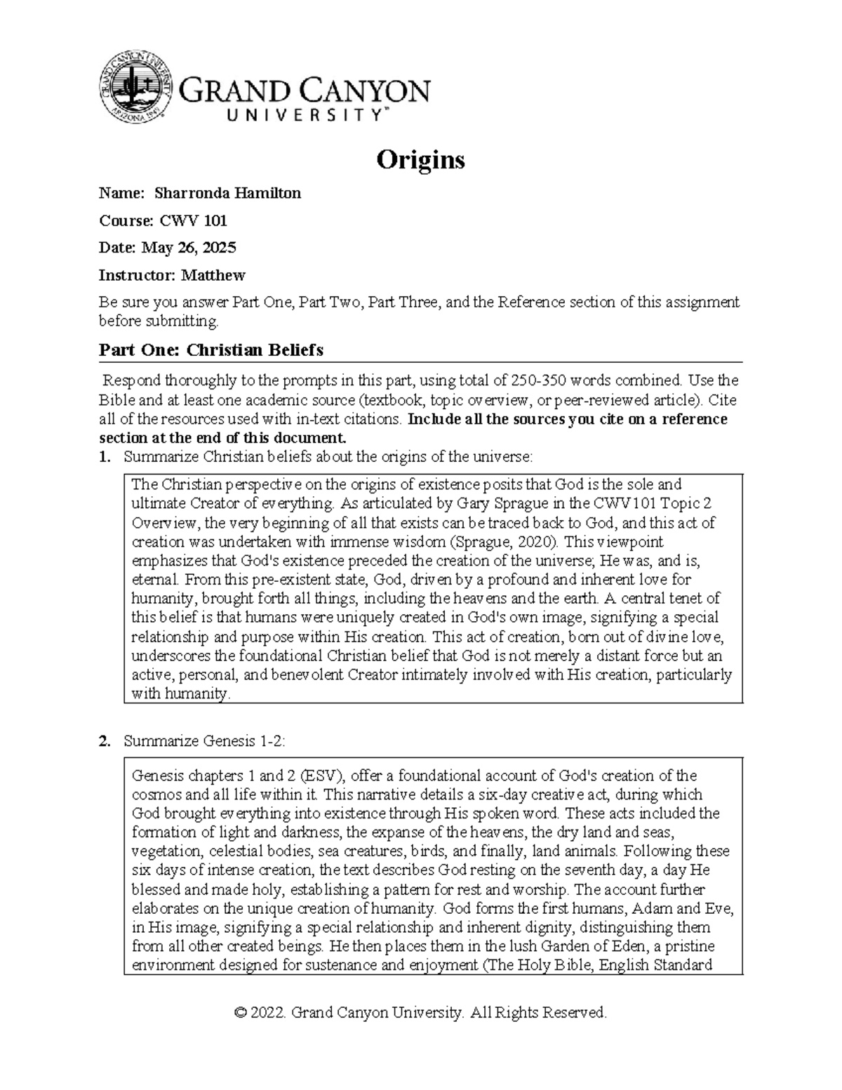 CWV 101 T2 Origins: Understanding Christian Beliefs on Creation - Studocu