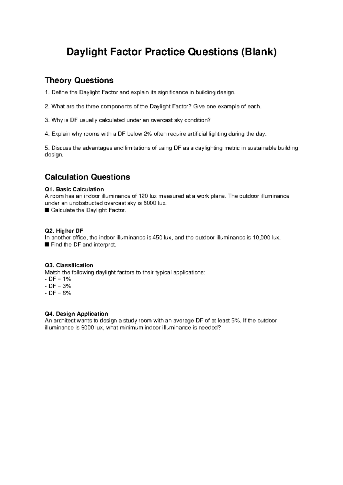 Daylight Factor Practice Questions (DF Theory & Calculations) - Studocu
