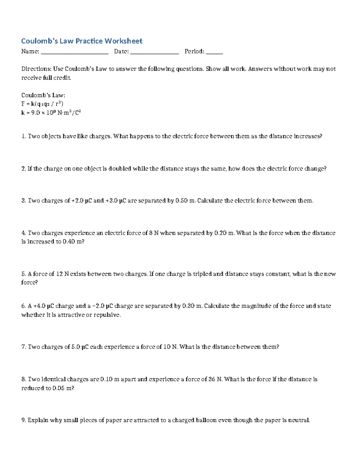 Coulomb's Law Practice Worksheet for Physics 101 - Studocu