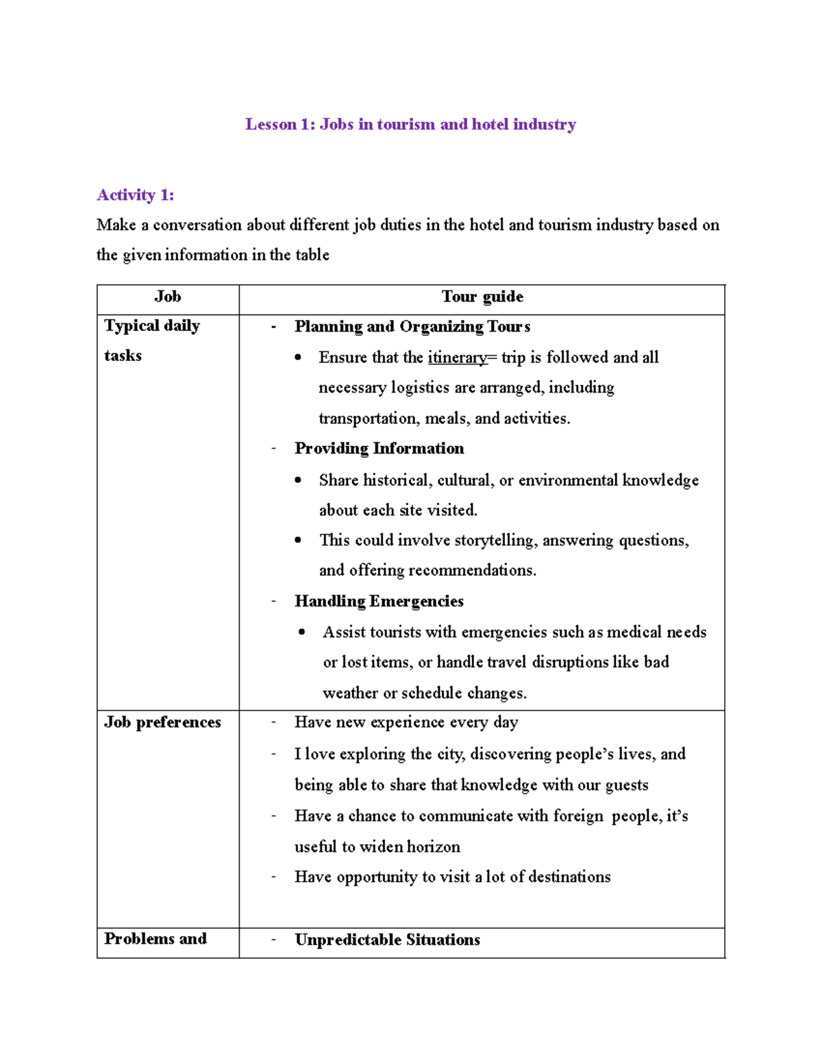 Lesson 1: Exploring Careers in Tourism & Hospitality (ENG 101) - Studocu