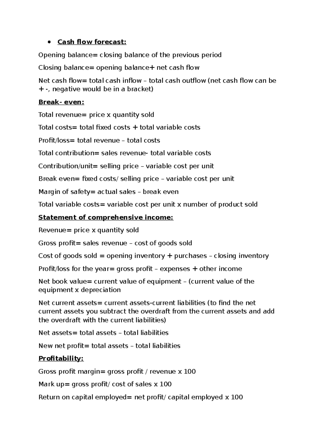 Unit 3 Formula Sheet: Cash Flow & Profitability Analysis - Studocu