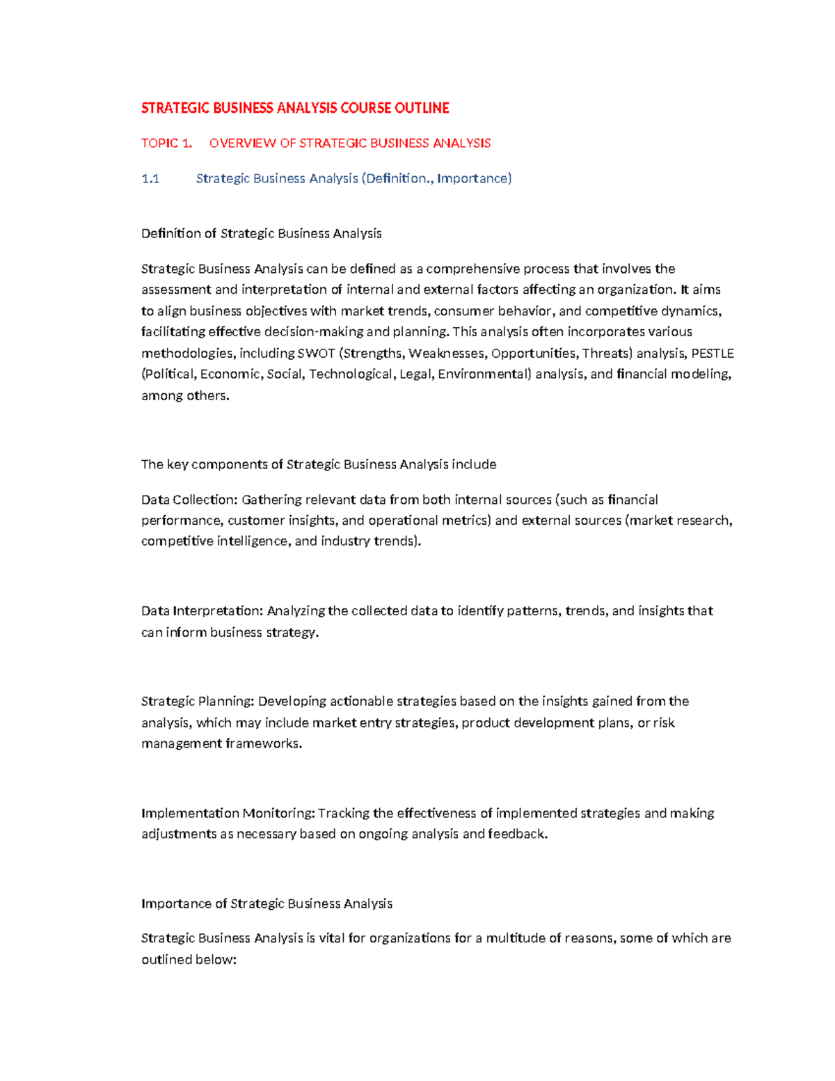 Strategic Business Analysis Insights: Course Outline & Key Concepts ...
