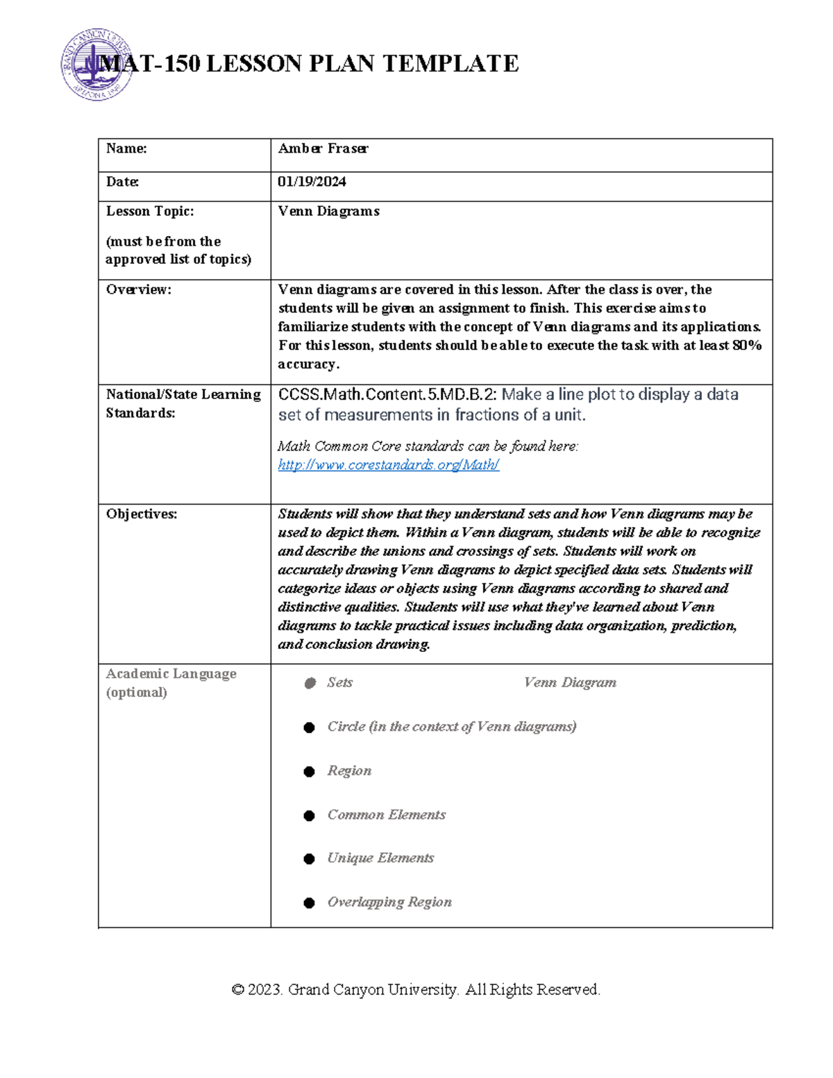 MAT-150 Venn Diagrams Lesson Plan and Activities Guide - Studocu