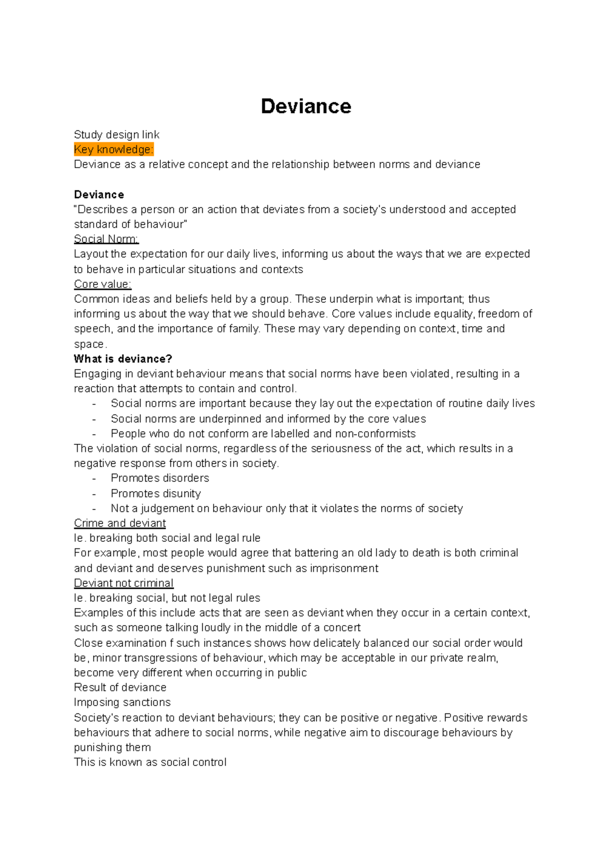 Sociology Unit 2 - Deviance Study design link Key knowledge: Deviance ...