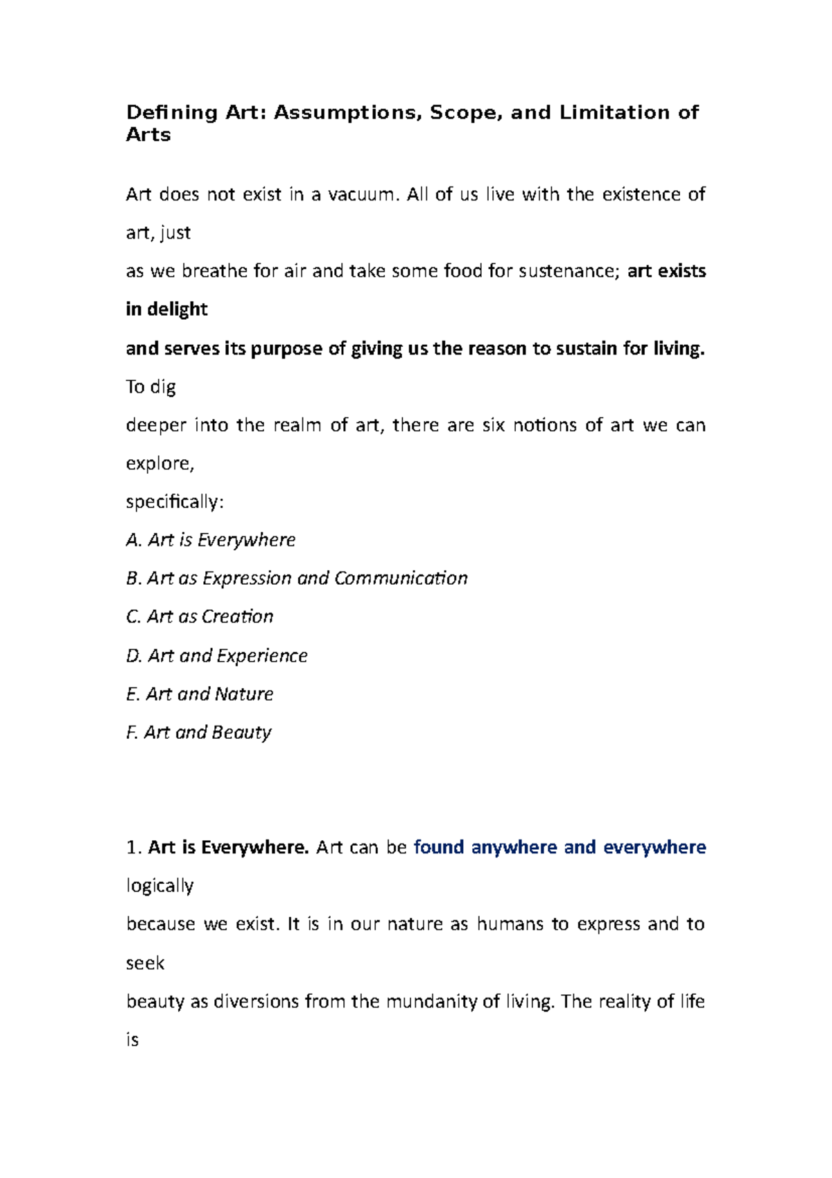 Defining Art - lecture notes in arts - Defining Art: Assumptions, Scope ...