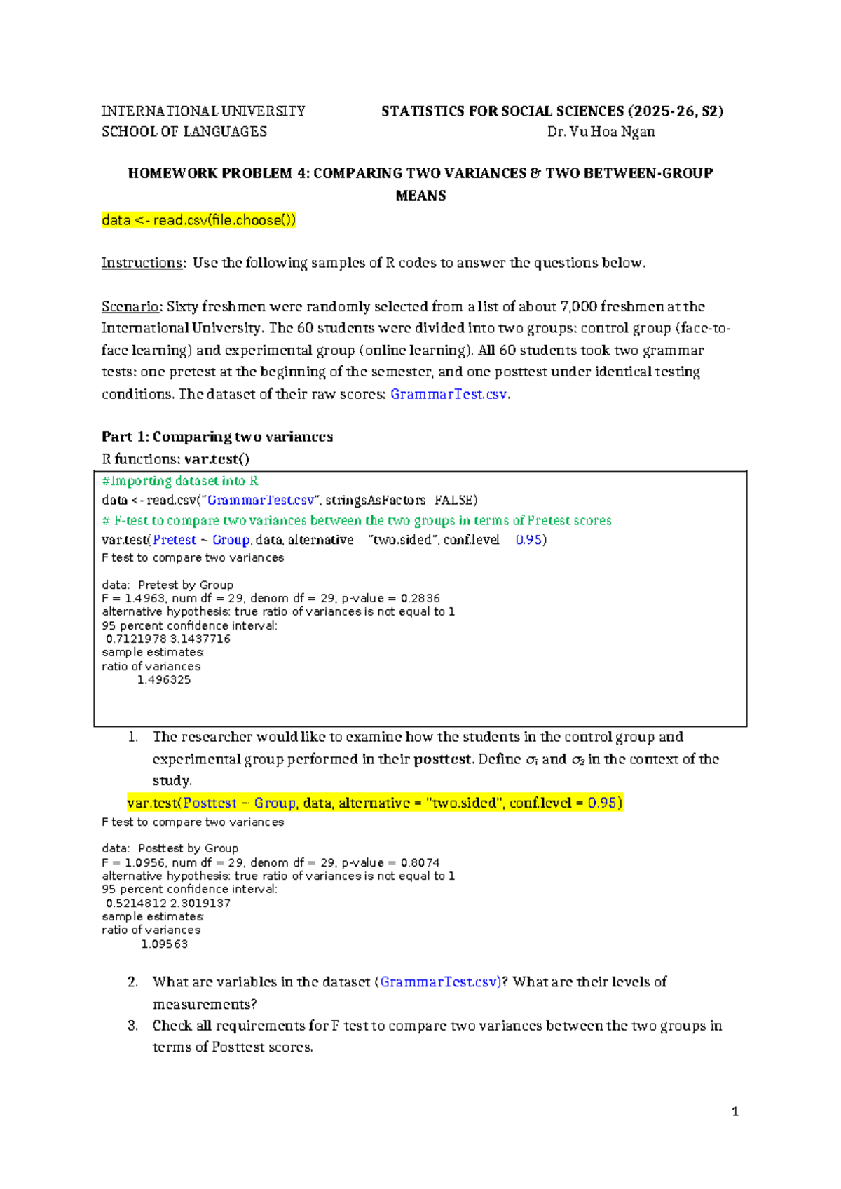 Stats Homework 4: Comparing Two Means & Variances (2526S2) - Studocu