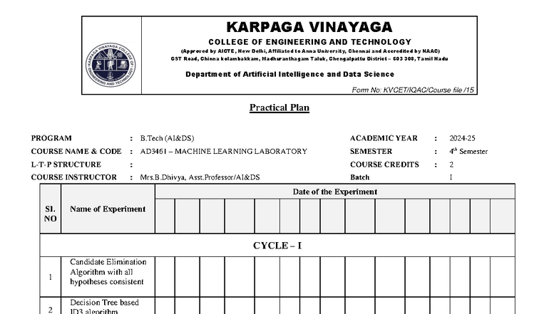 AD3461 - Machine Learning Lab Practical Plan for Semester 4 - Studocu