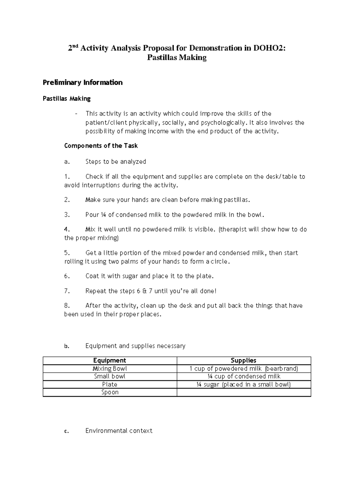 Pastillas Making - Activity Analysis Sample - 2 nd Activity Analysis ...