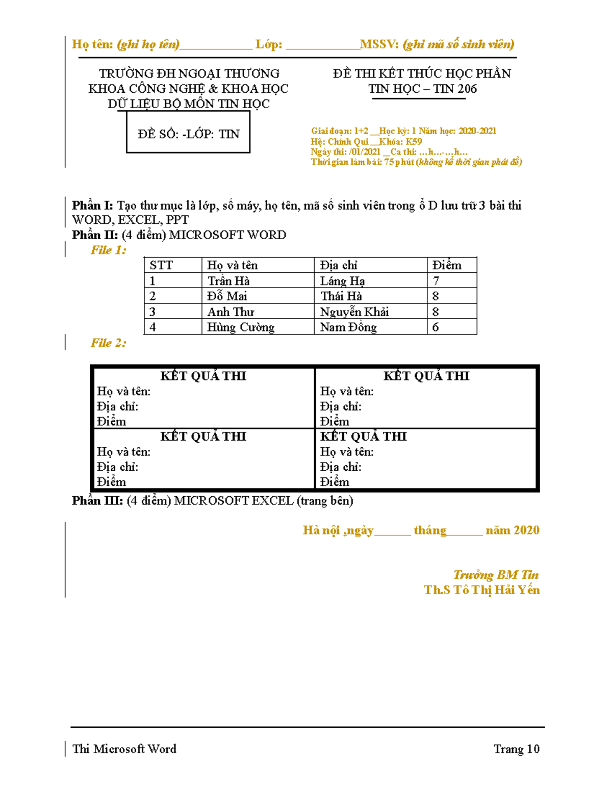Đề Thi Kết Thúc Học Phần Tin Học TIN 206 - Khóa K59 - Studocu