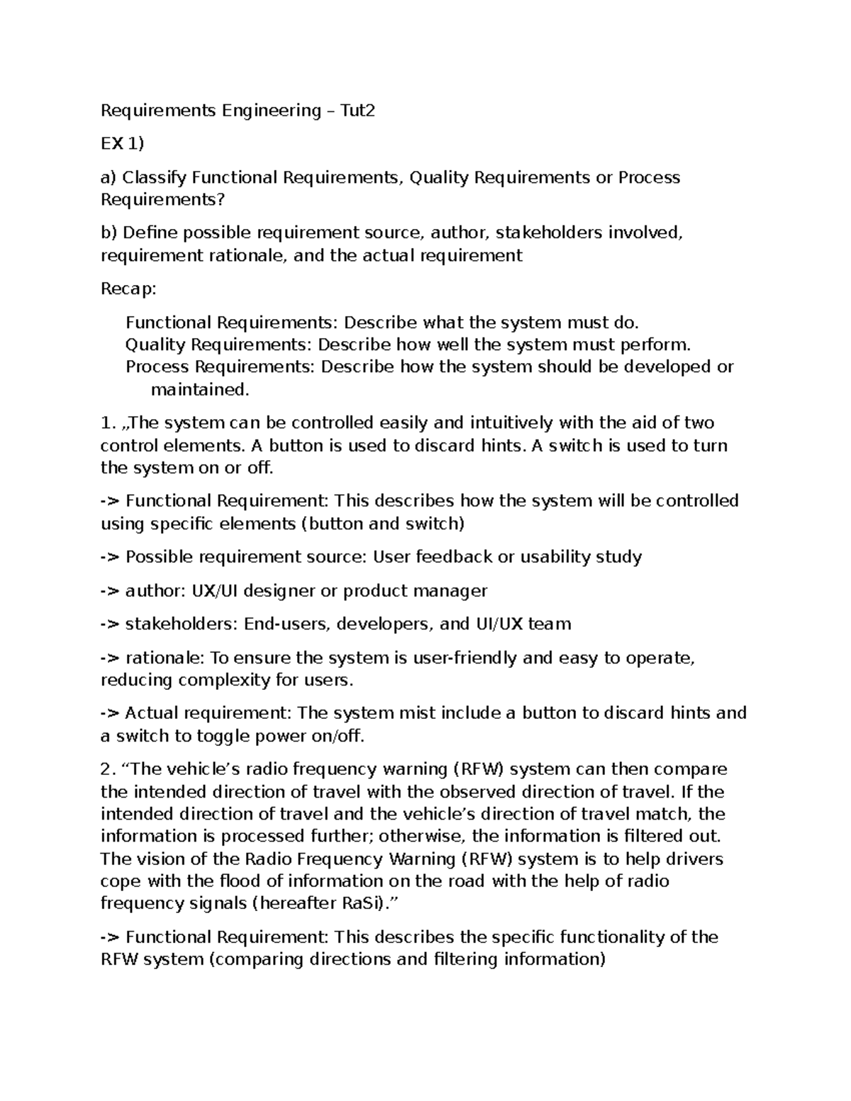 Requirements Engineering Tut 2: Classifying Functional, Quality, and Process - Studocu