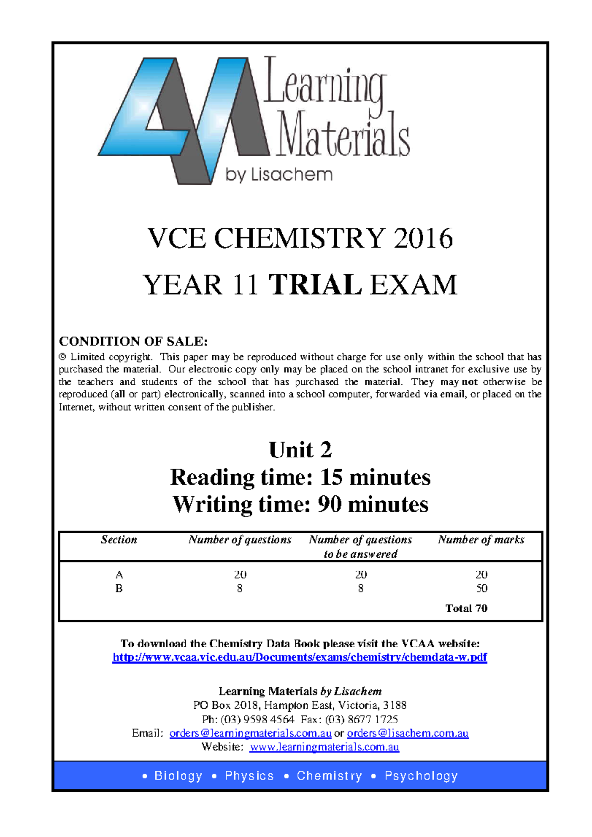 VCE Chemistry 2016 Year 11 Trial Exam Unit 2 - Comprehensive Review ...