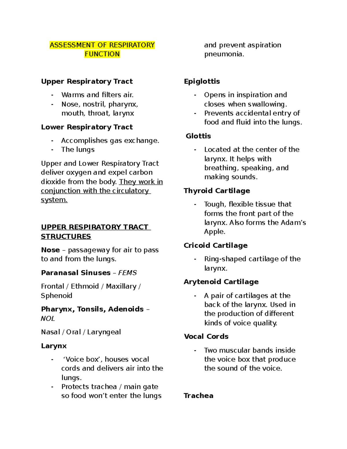 Respiratory System Assessment - Lecture Notes (Respiratory - lec) - Studocu