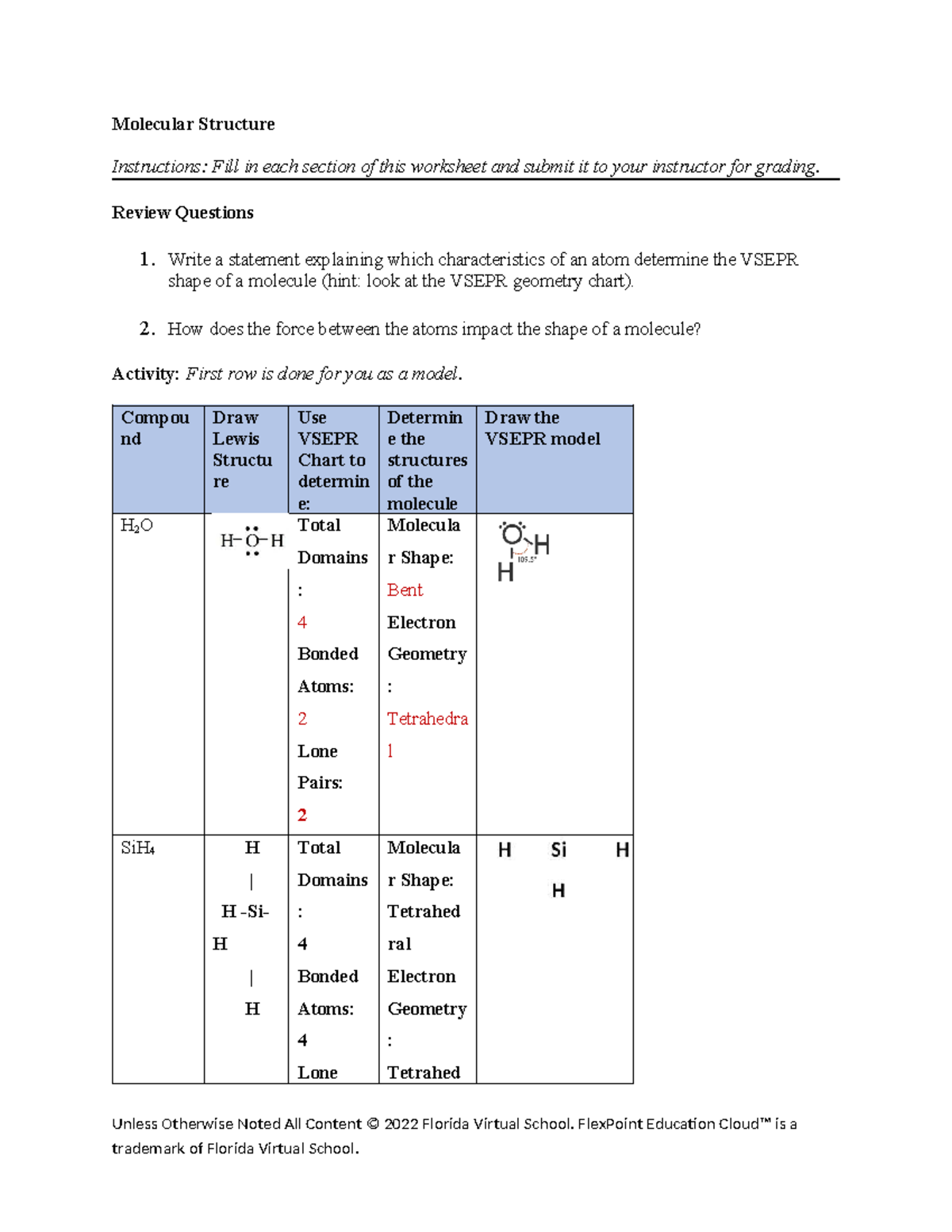 Molecular Structure Worksheet (VSEPR) - Work in Progress - Studocu