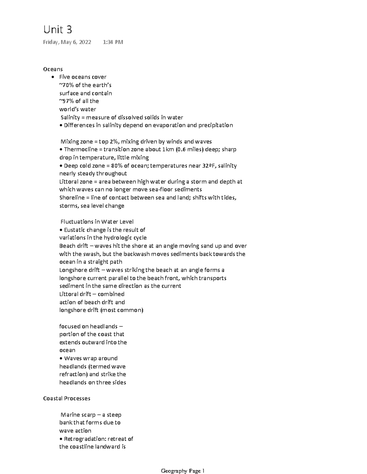 GEOG Unit 3 notes - Oceans - Five oceans cover ~70% of the earth’s ...