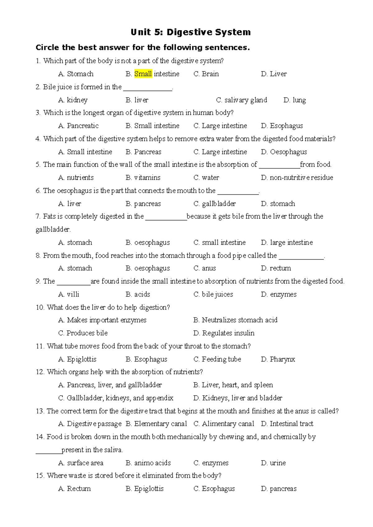 Unit 5 - Digestive System Review Questions - Ta3 - Studocu