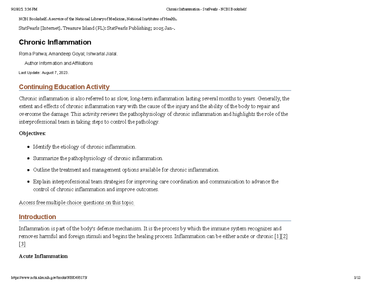 Chronic Inflammation Overview - StatPearls NCBI Bookshelf - Studocu