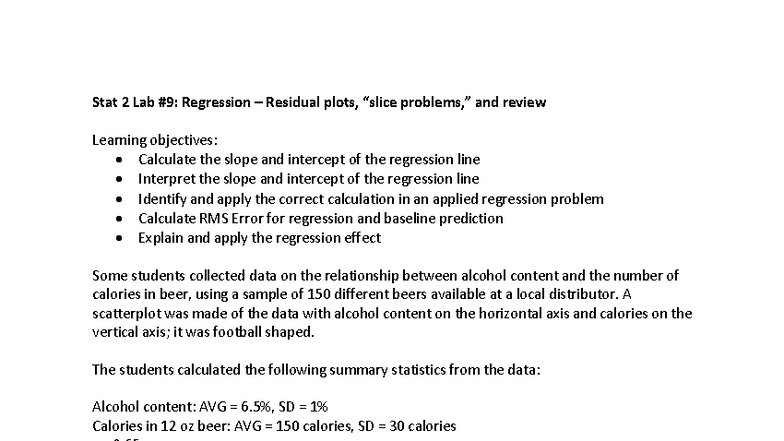 Stat 2 Lab 9: Regression Analysis & Residual Plots - Studocu