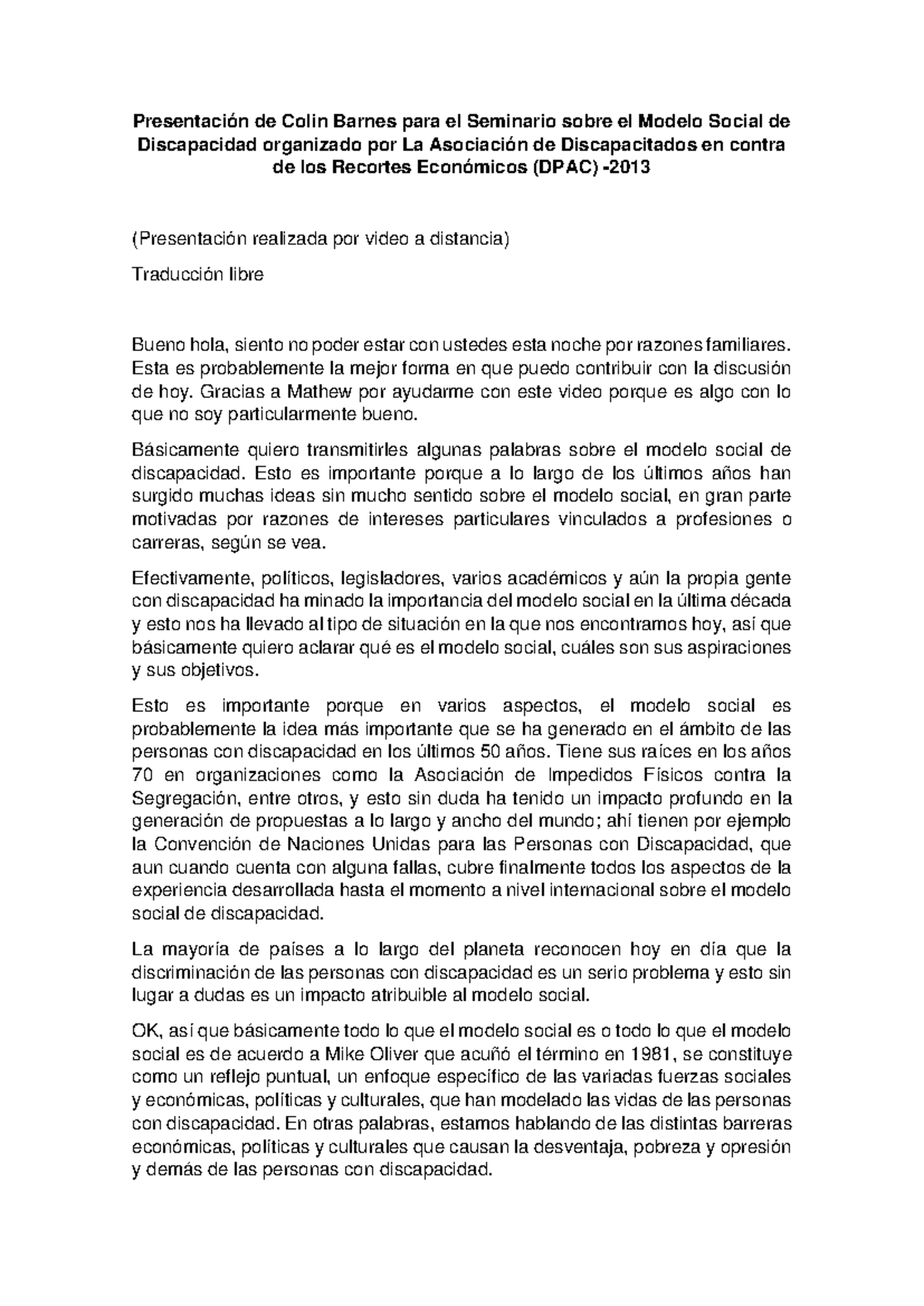 LC Presentación de Colin Barnes: Modelo Social de Discapacidad - Studocu