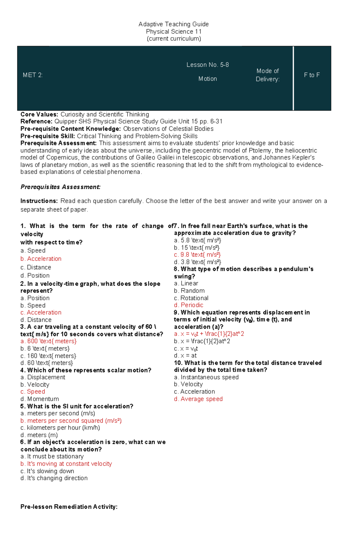 Physical Science 11 Lesson MET 2: Understanding Motion Concepts and ...
